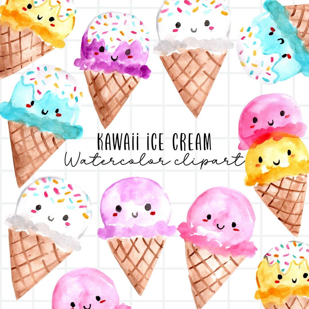 Watercolor Kawaii Ice Cream Clipart, Ice Cream Cone, Soft Serve Summer ...