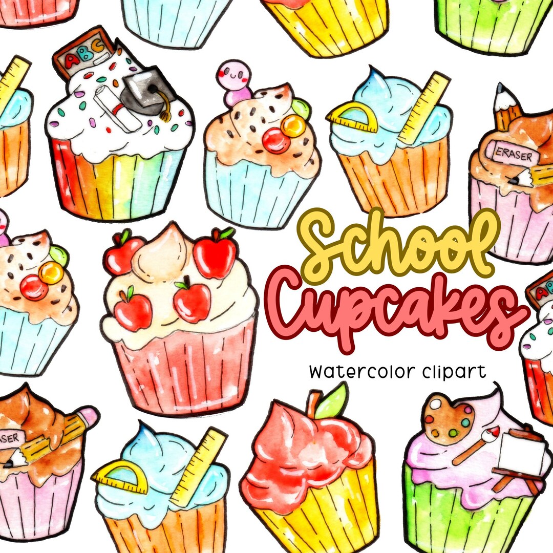 Watercolor Back to School Cupcake Clipart, First Day of School, Dessert ...