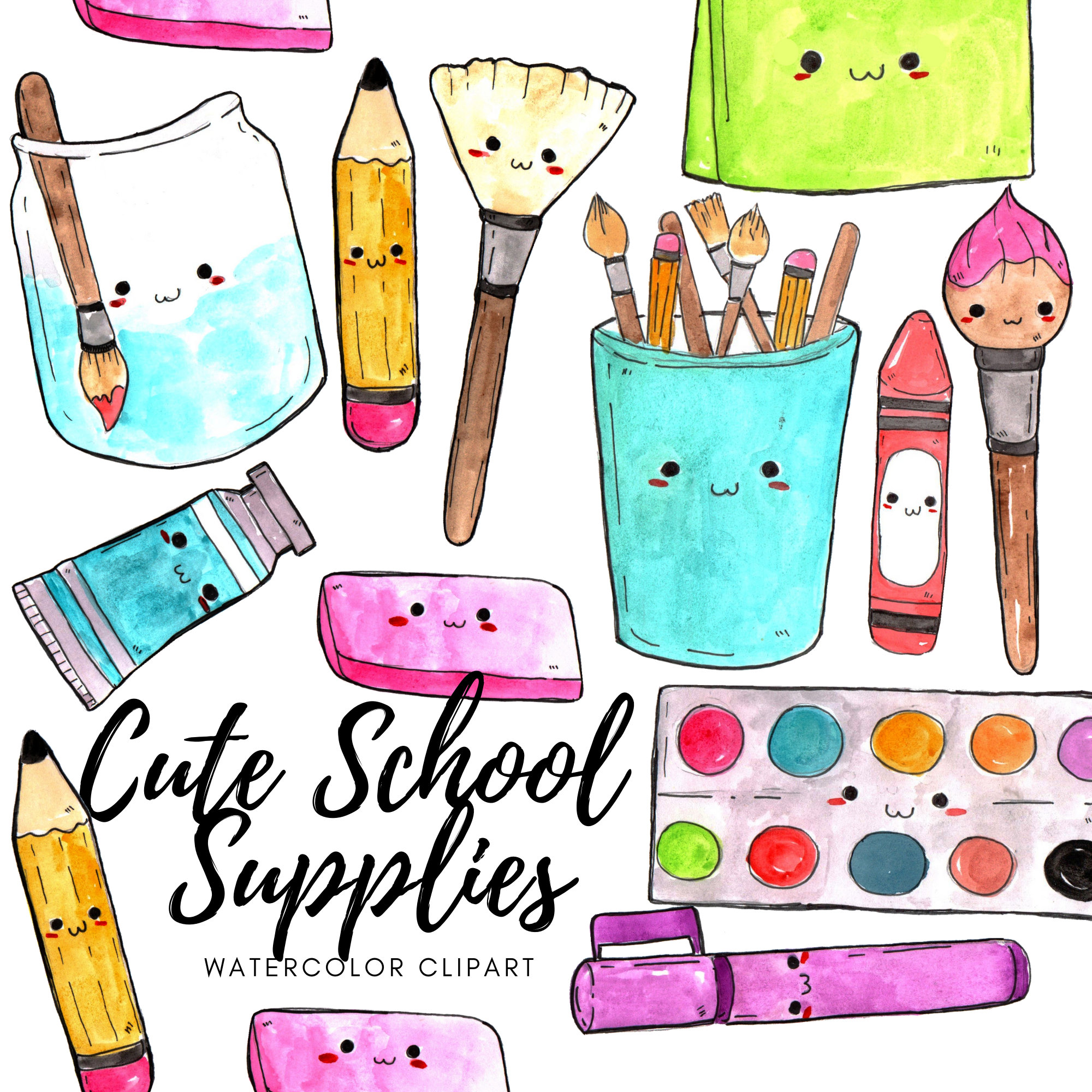 Cute Kawaii Watercolor Clip Art Art Supplies Back to - Etsy