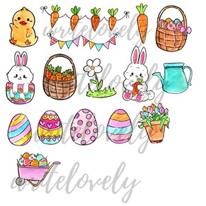 Kawaii Easter Clipart - Watercolor, Easter Bunny, Eggs, Carrots, Egg ...