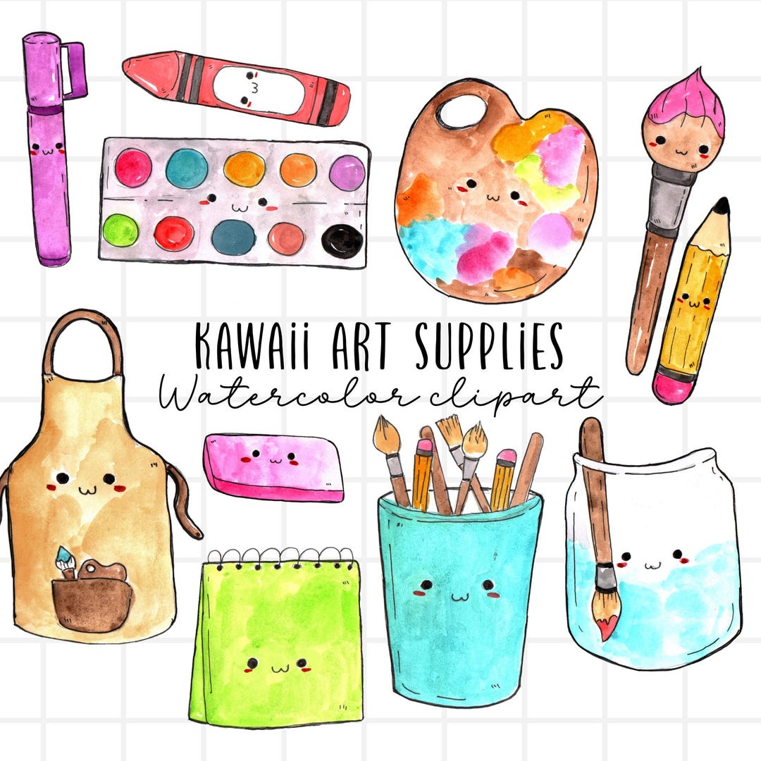 Cute Kawaii Watercolor Clip Art - Art Supplies - Back to School PNG ...