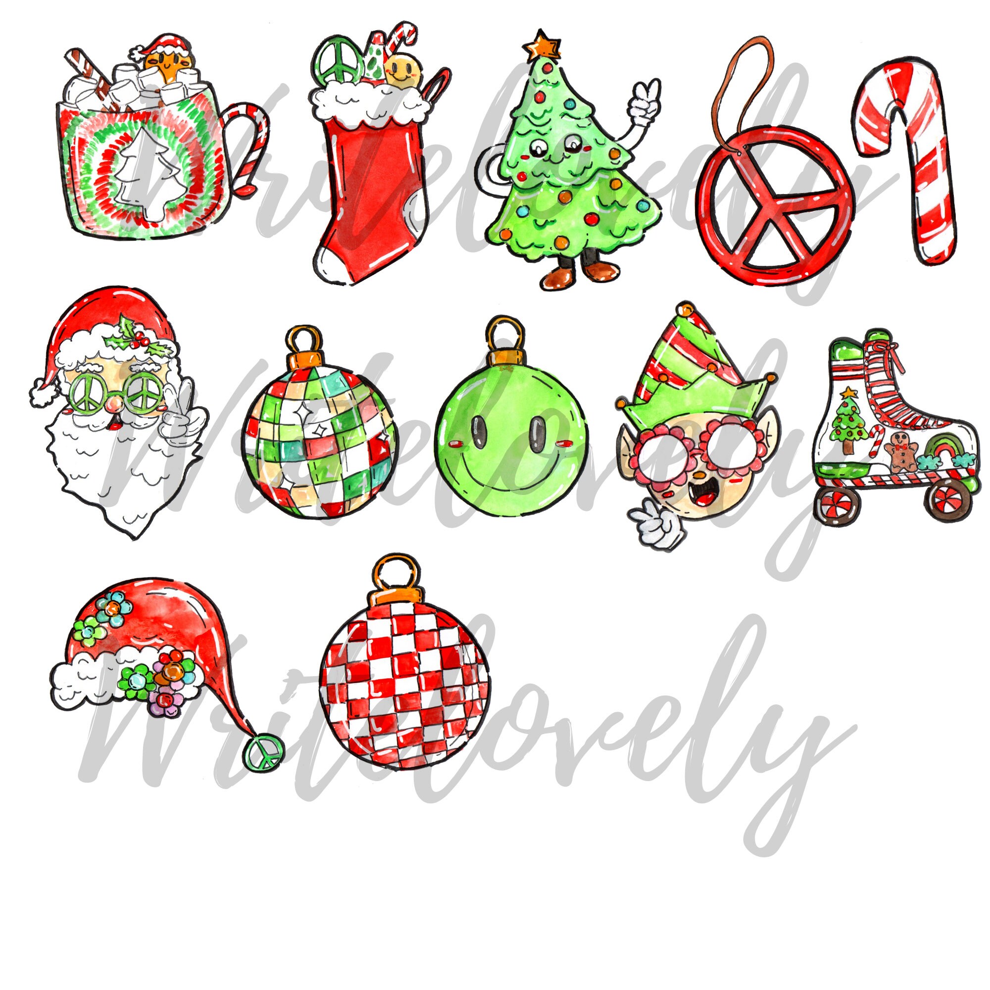 Christmas Clipart - Watercolor Clipart, Hippie, Groovy, Santa, 70s ...