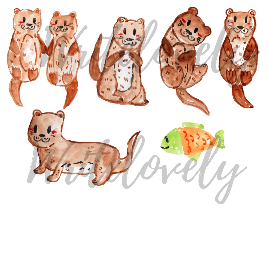 Otter Clipart Cute Watercolor Animal Graphics Commercial - Etsy