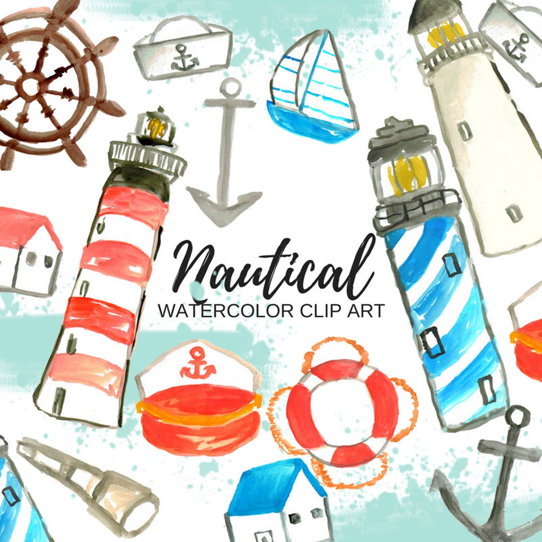 Watercolor Nautical Sea Life Clipart, Lighthouse Graphics Digital ...