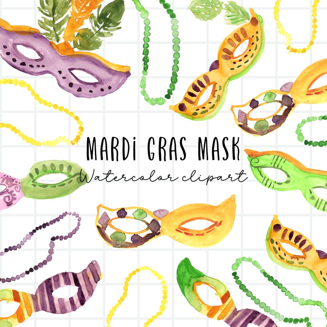 Watercolor Mardi Gras Mask Clipart, Costume Party Digital PNG Graphics ...
