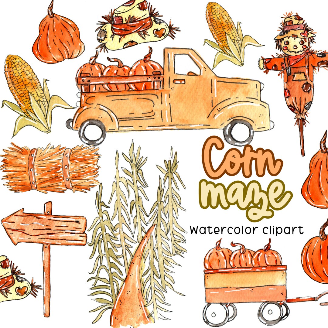 Watercolor Clipart - Corn Maze Clipart, Scare Crown, Pumpkin Patch ...