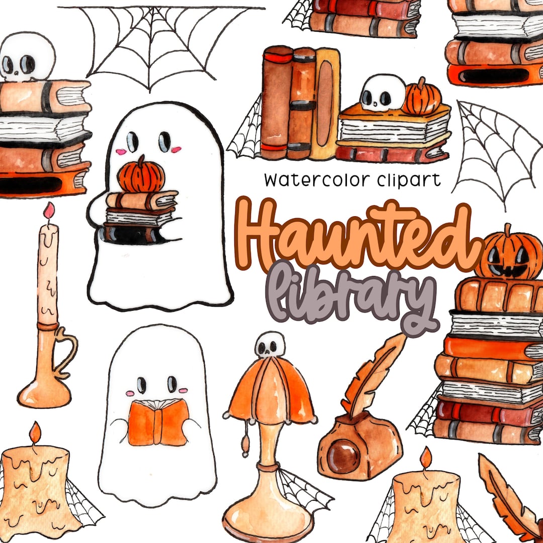Watercolor Halloween Clipart, Haunted Library, Reading Spooky,books ...