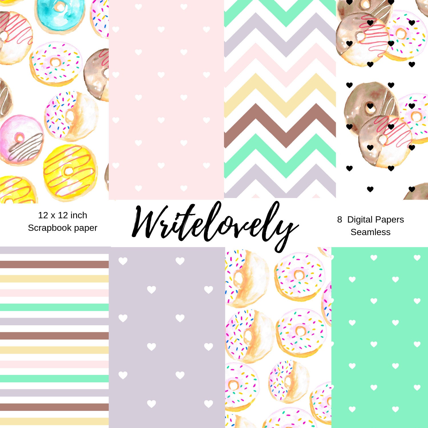 Seamless Cute Donuts Digital Scrapbook Paper - Food Digital Paper Pack ...