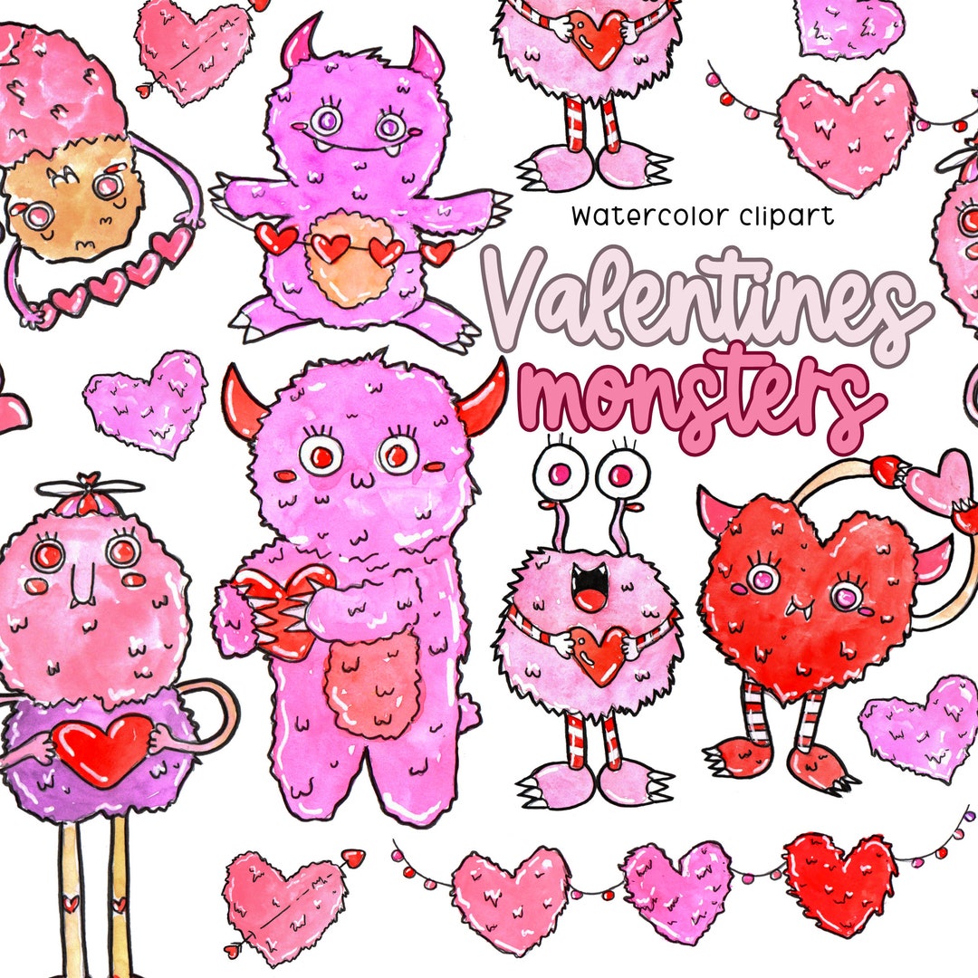 Valentines Day Clipart, Cute Monster Clipart, Hearts, Kawaii, Creatures ...