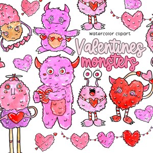 Valentines Day Clipart, Cute Monster Clipart, Hearts, Kawaii, Creatures ...