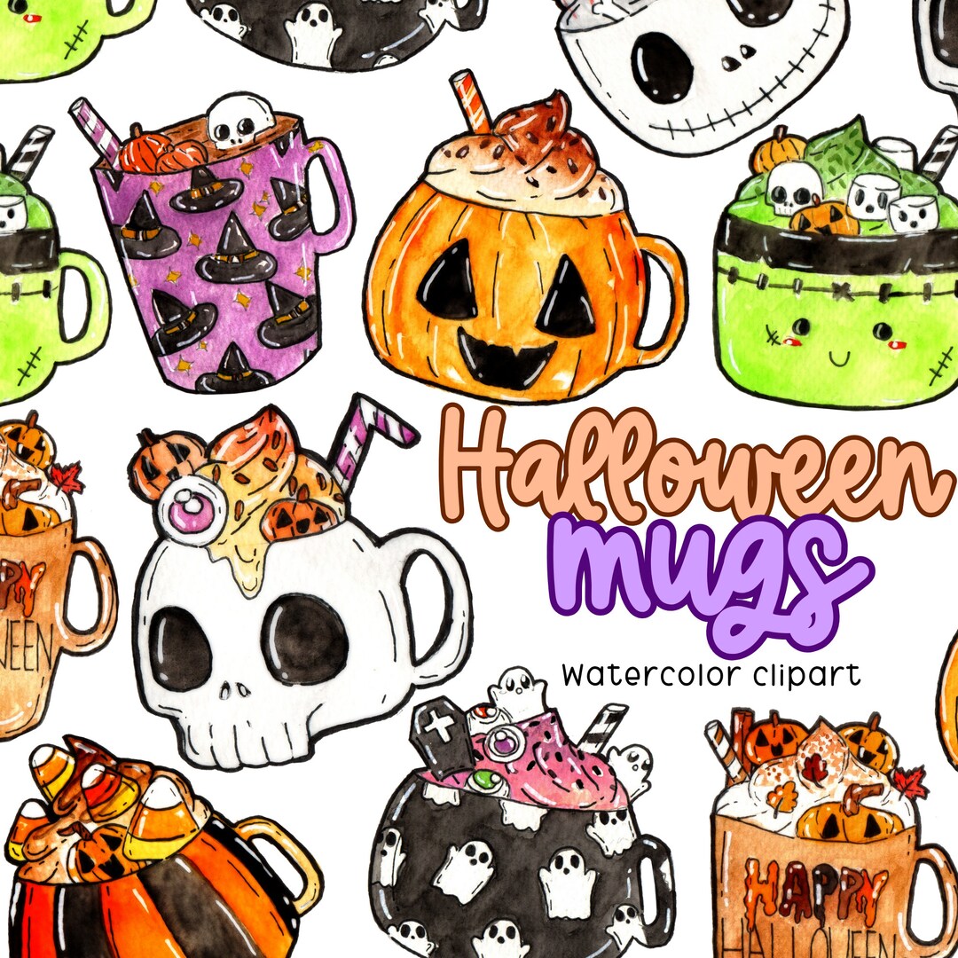 Watercolor Clipart, Halloween, Spooky, Coffee, Hot Chocolate, Mugs ...