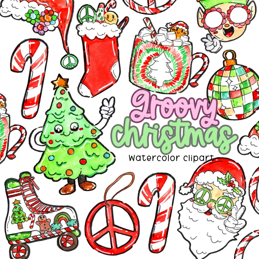 Christmas Clipart - Watercolor Clipart, Hippie, Groovy, Santa, 70s ...