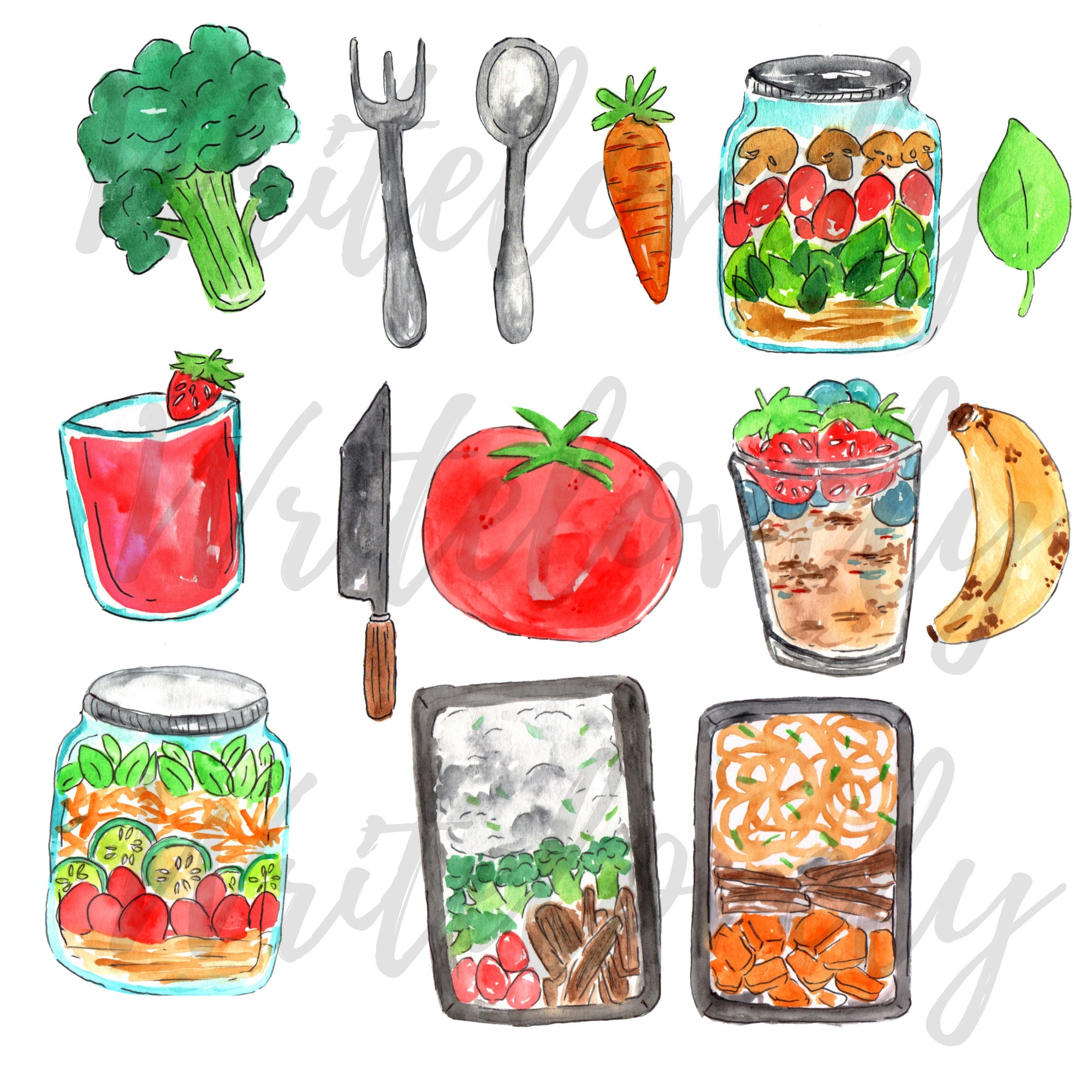 Watercolor Clipart Meal Prep Clip Art Nutrition Graphics | Etsy