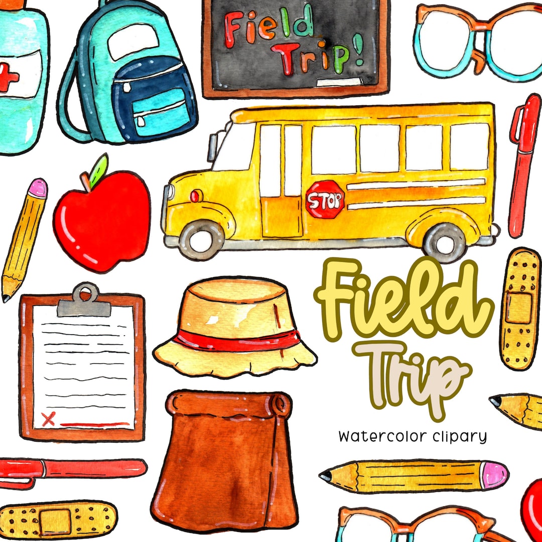Watercolor Field Trip Clipart, School, School Bus, Backpack, Apple ...