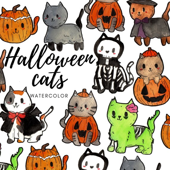 Watercolor Clipart Halloween Cats Spooky Creepy Cute - Etsy