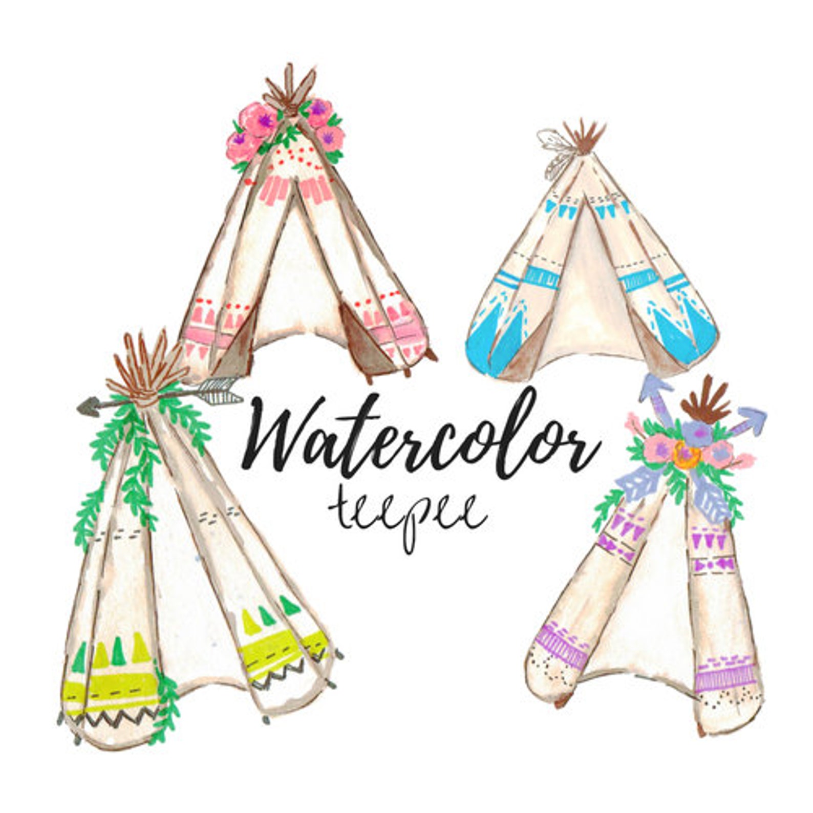 Watercolor Tribal Teepee Clip Art scrapbook Supplies tribal | Etsy