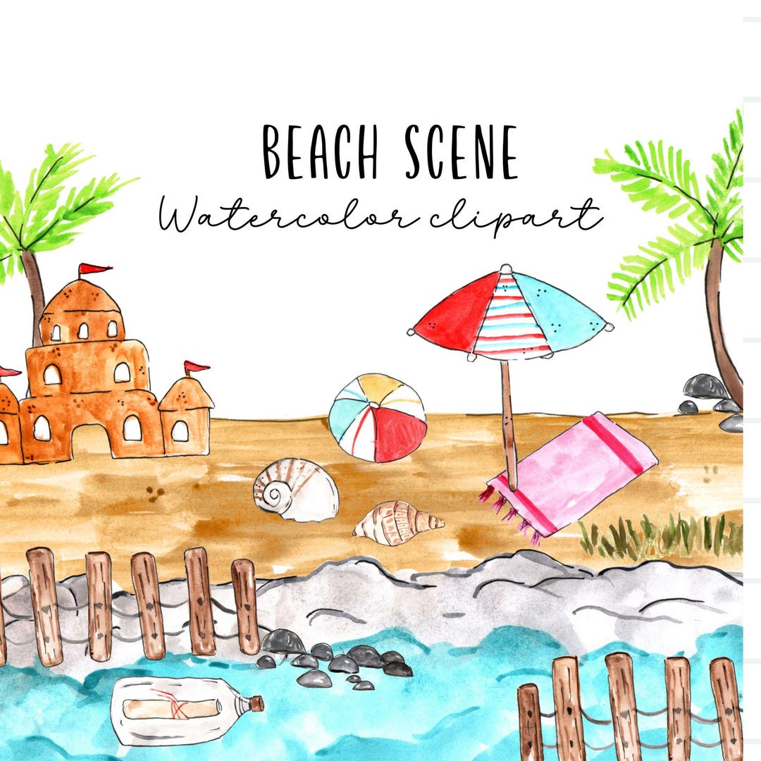 Watercolor Beach Clipart - Summer Beach Scene Creator Clip Art PNG ...