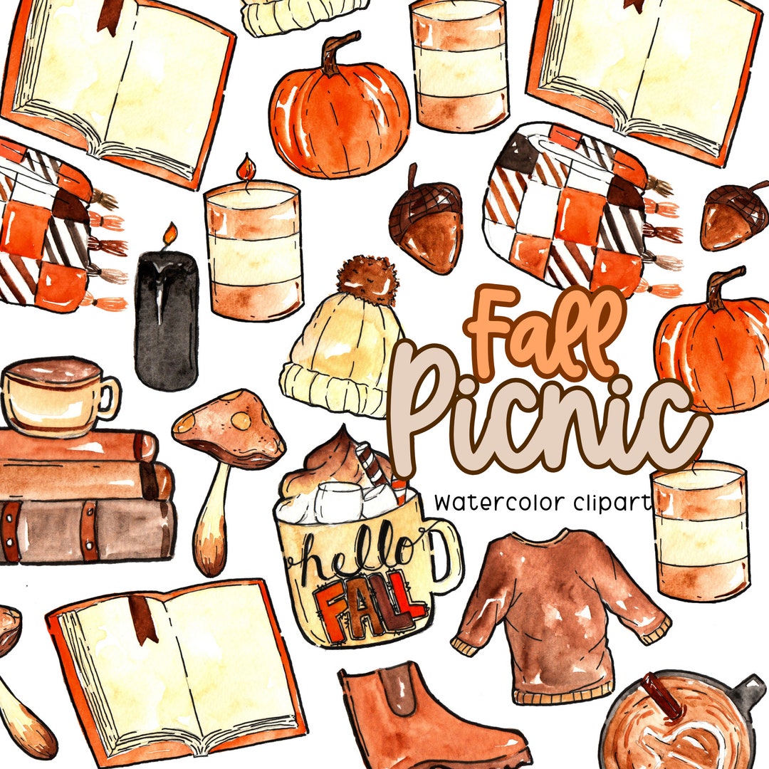 Watercolor Fall Picnic Clipart, Cozy Autumn Food Graphics PNG Graphics ...