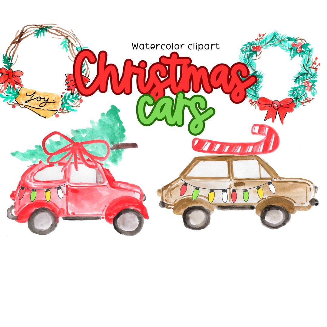 Christmas Clip Art - Watercolor Christmas Car - Holiday Art - Festive ...