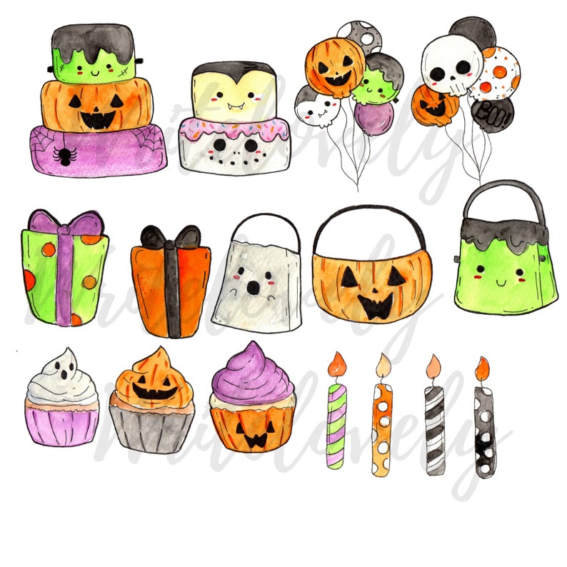 Watercolor Halloween Party Clipart - Ghost, Pumpkin, Party Cake ...