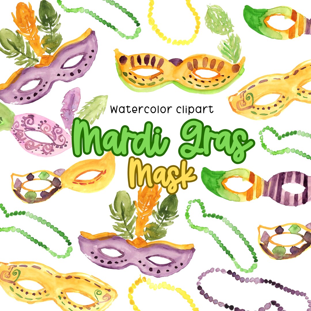 Watercolor Mardi Gras Mask Clipart, Costume Party Digital PNG Graphics ...
