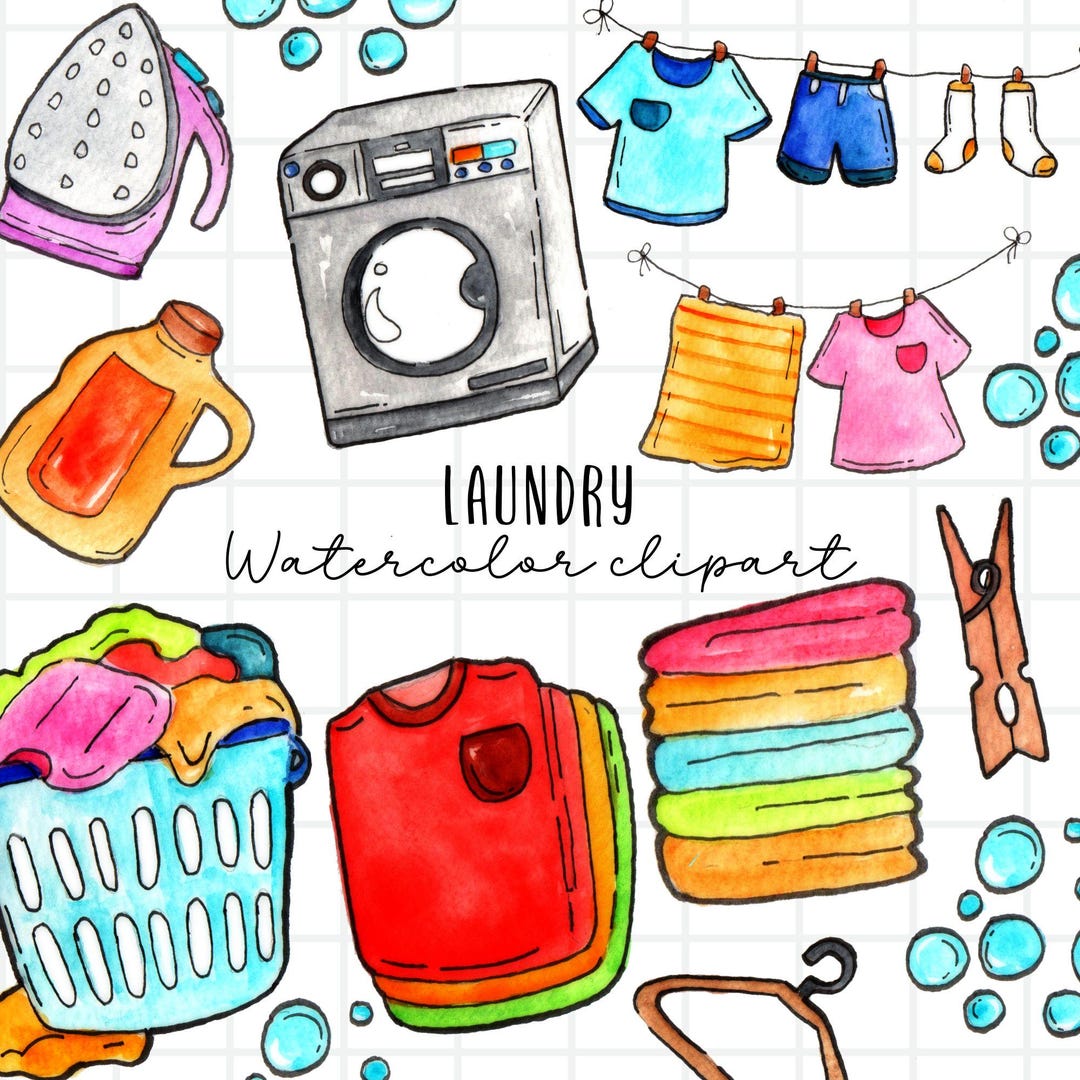 Watercolor Laundry Clipart, Washing Machine, Clothes, Soap Cleaning ...