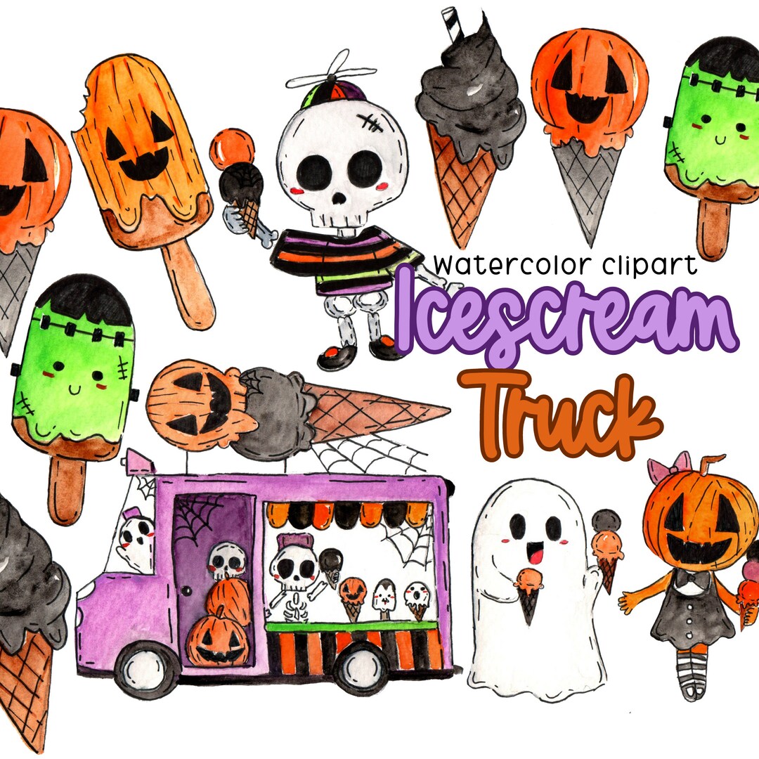 Halloween Watercolor Clipart, Spooky Ice Cream,ice Cream Truck, Creepy ...