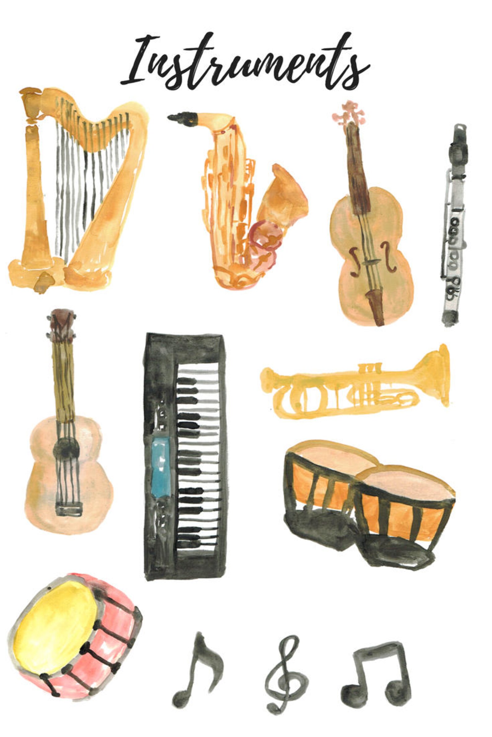 Watercolor Clip Art Music Instrument Graphics Guitar - Etsy
