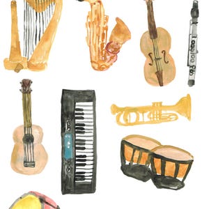 Watercolor Clip Art Music Instrument Graphics Guitar Piano Flute Music ...