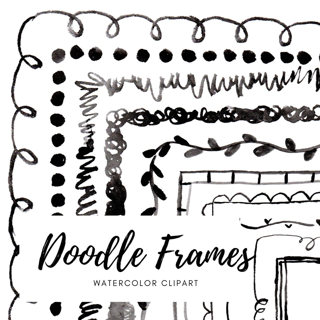 Watercolor Clipart, Doodle Frame,borders, Handpainted, Black and White ...