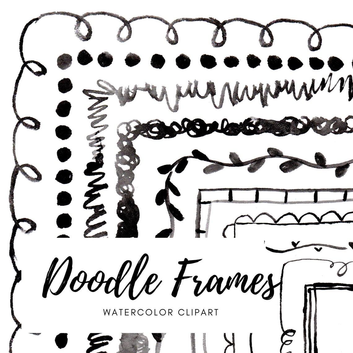 Watercolor Clipart Doodle Frameborders Handpainted Black - Etsy