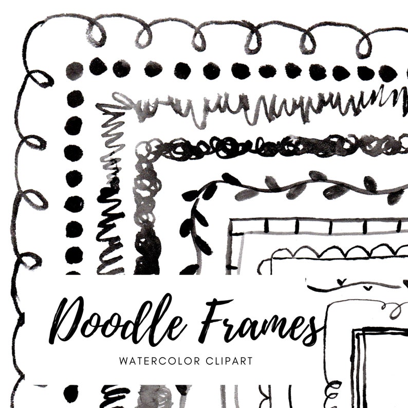 Watercolor Clipart, Doodle Frame,borders, Handpainted, Black and White ...