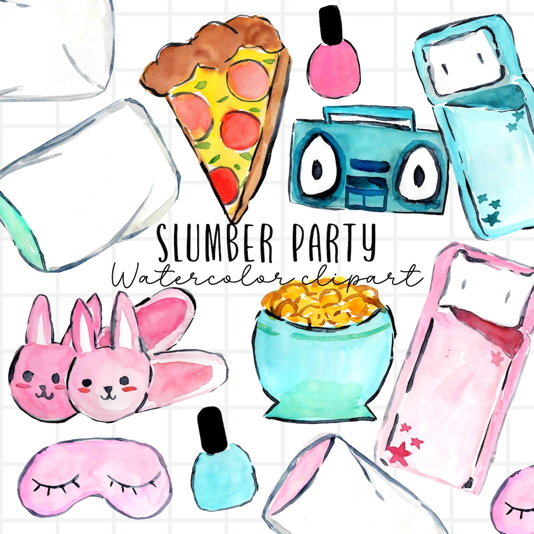 Watercolor Slumber Party Clipart, Sleepover, Pillows, Sleeping Bag ...