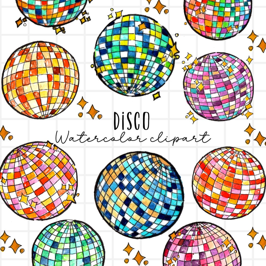 Watercolor Disco Ball Clipart, Retro Groovy Illustration in Png Format ...