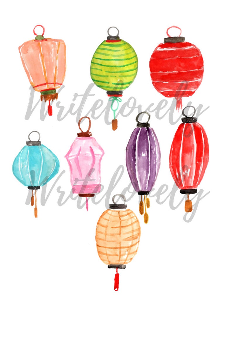 Chinese New Year Clipart Lanterns Watercolor Graphics - Etsy
