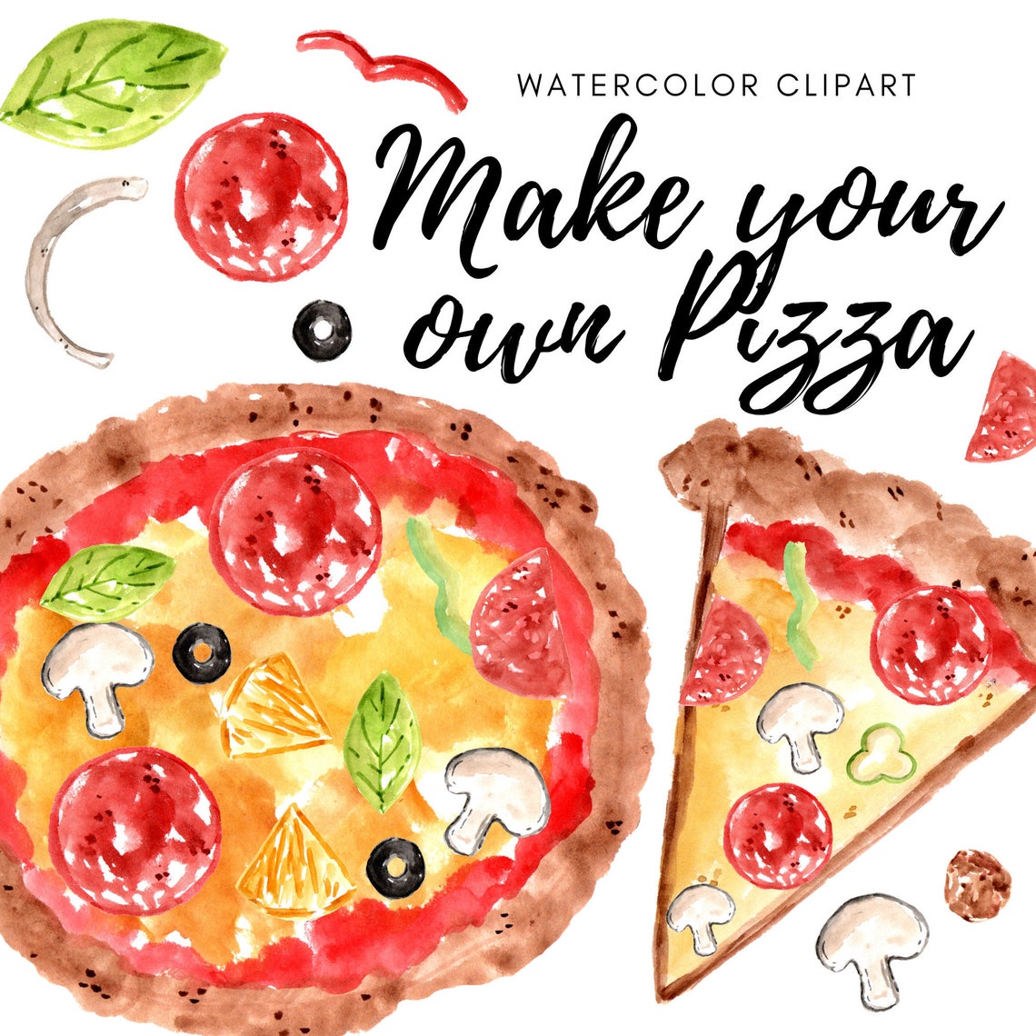 Watercolor Pizza Clipart Make Your Own Pizza Graphics Food - Etsy
