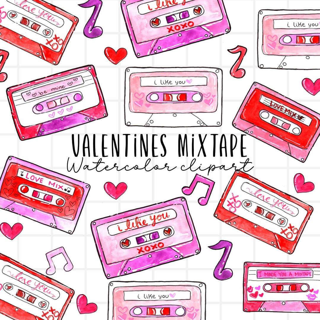 Retro Valentines Clipart - Watercolor, Mixtape, Cassette Tapes, Music ...