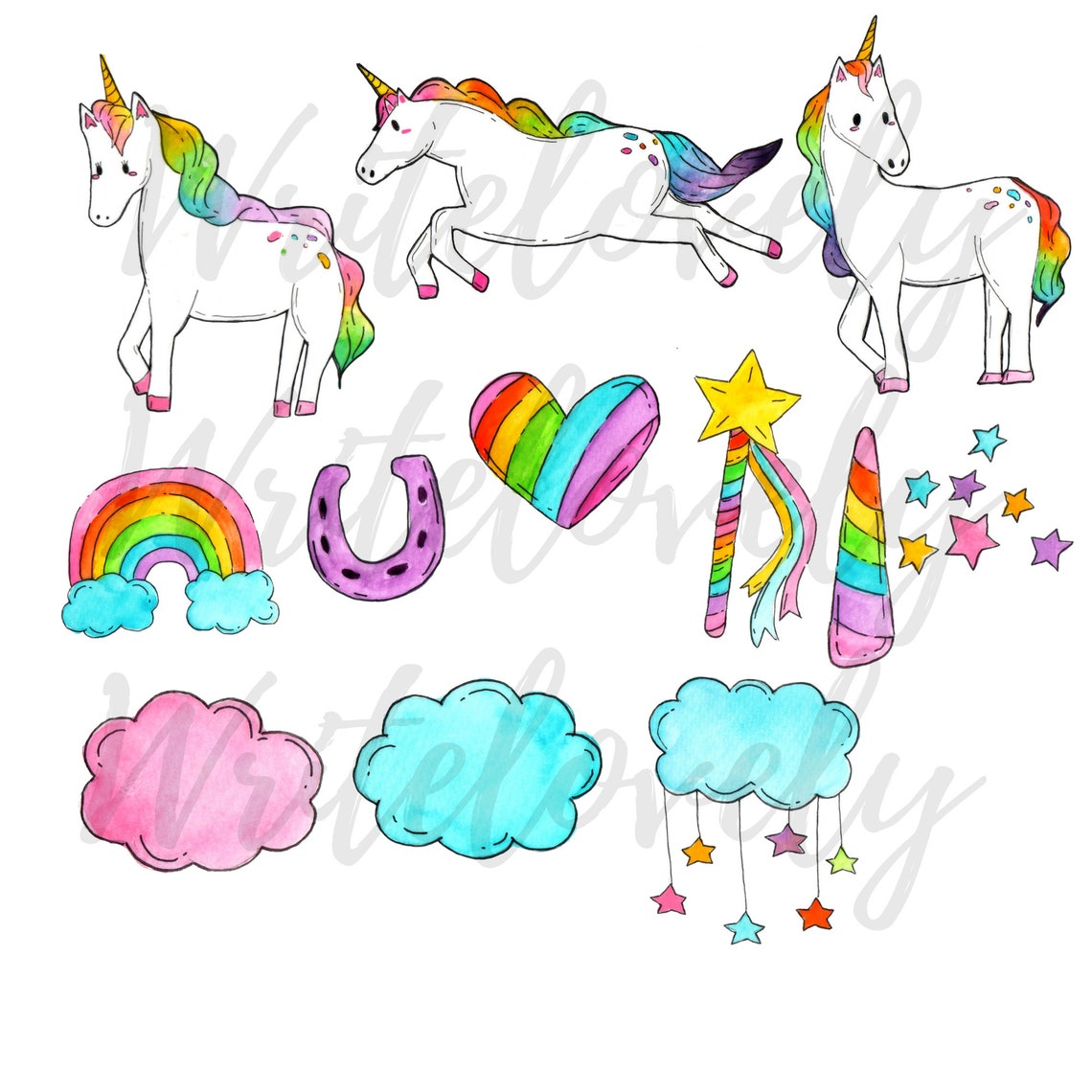 Watercolor Clipart - Unicorn Clipart, Cute, Rainbow, Stars, Magical ...