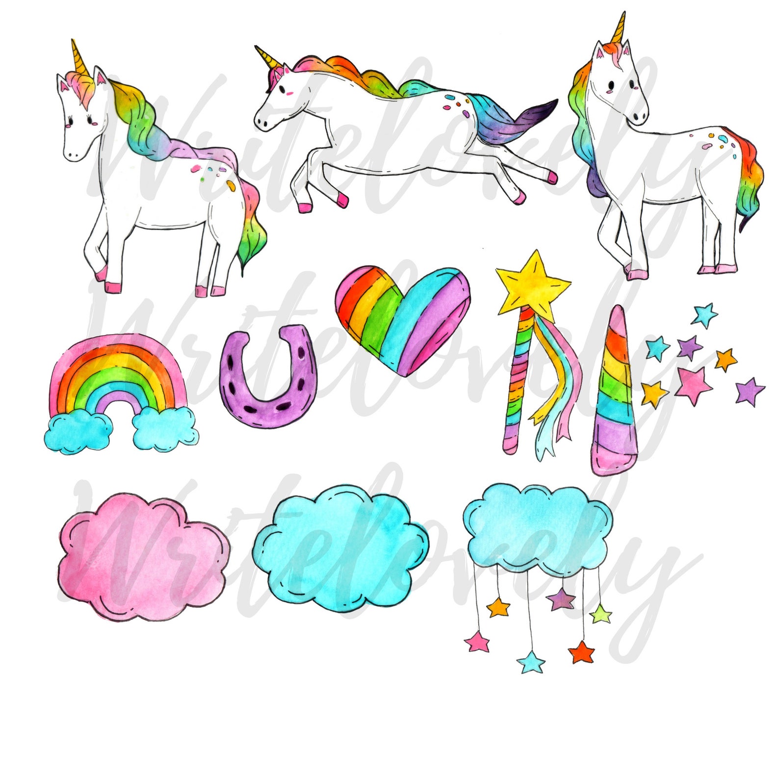 Watercolor Clipart - Unicorn Clipart, Cute, Rainbow, Stars, Magical ...
