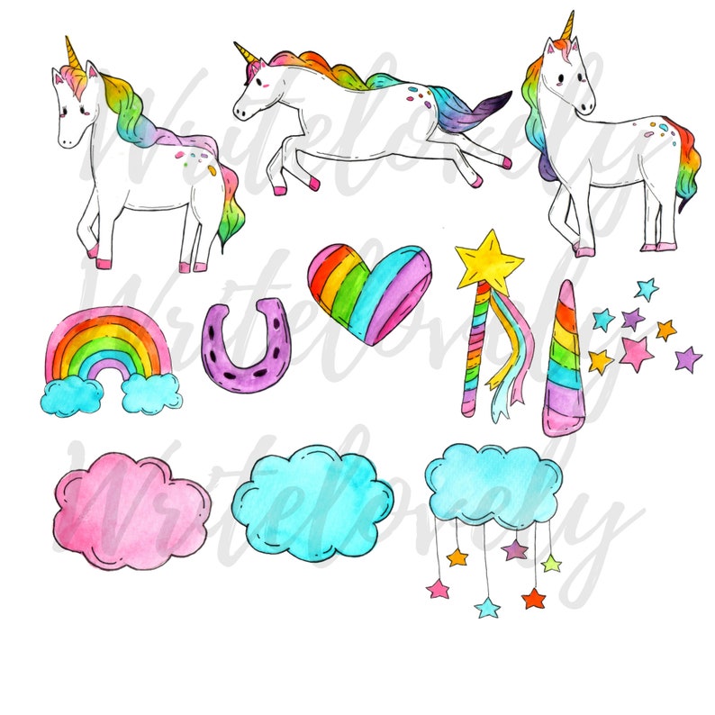 Watercolor Clipart Unicorn Clipart Cute Rainbow Stars - Etsy