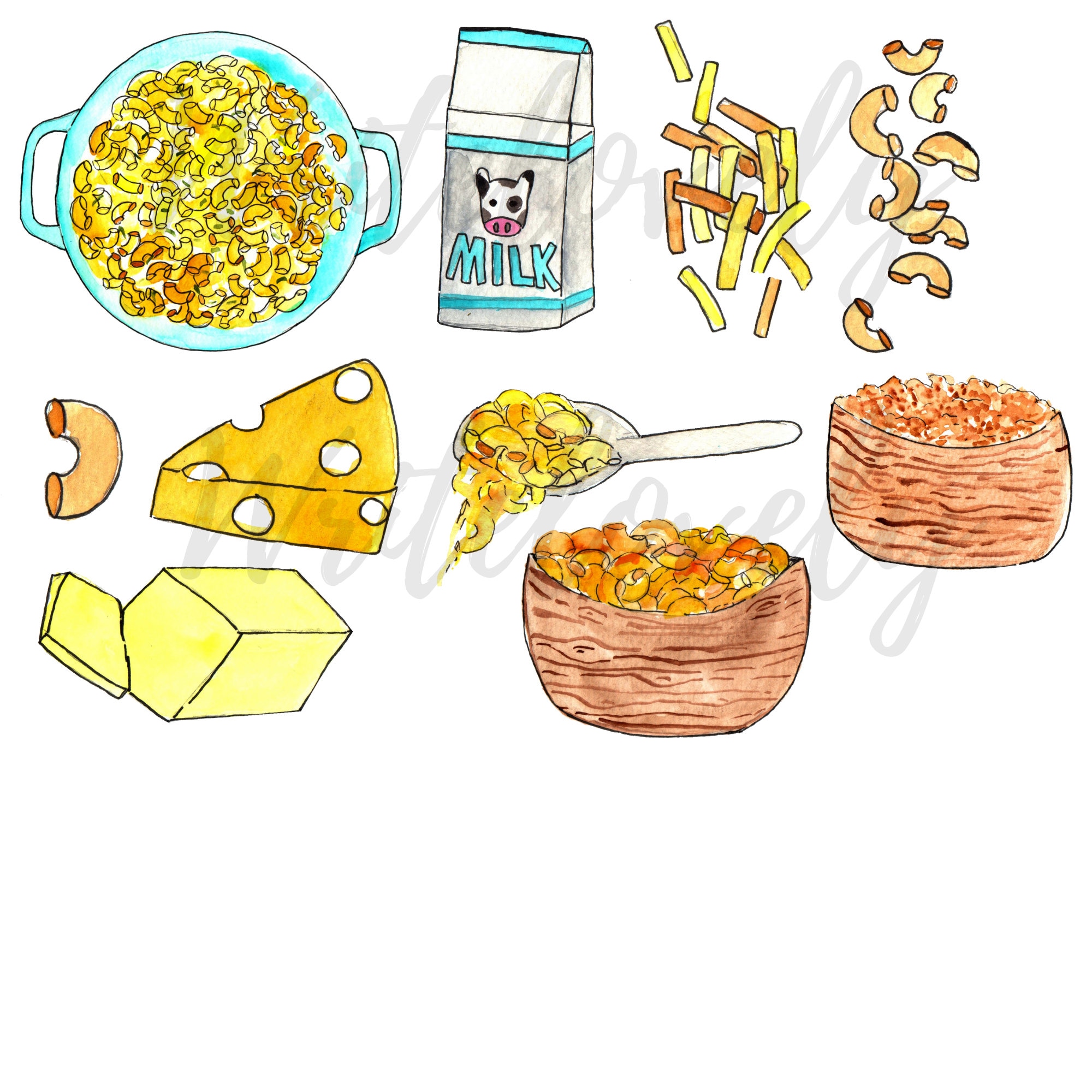 Watercolor Clipart Mac and Cheese Pasta Noodles - Etsy