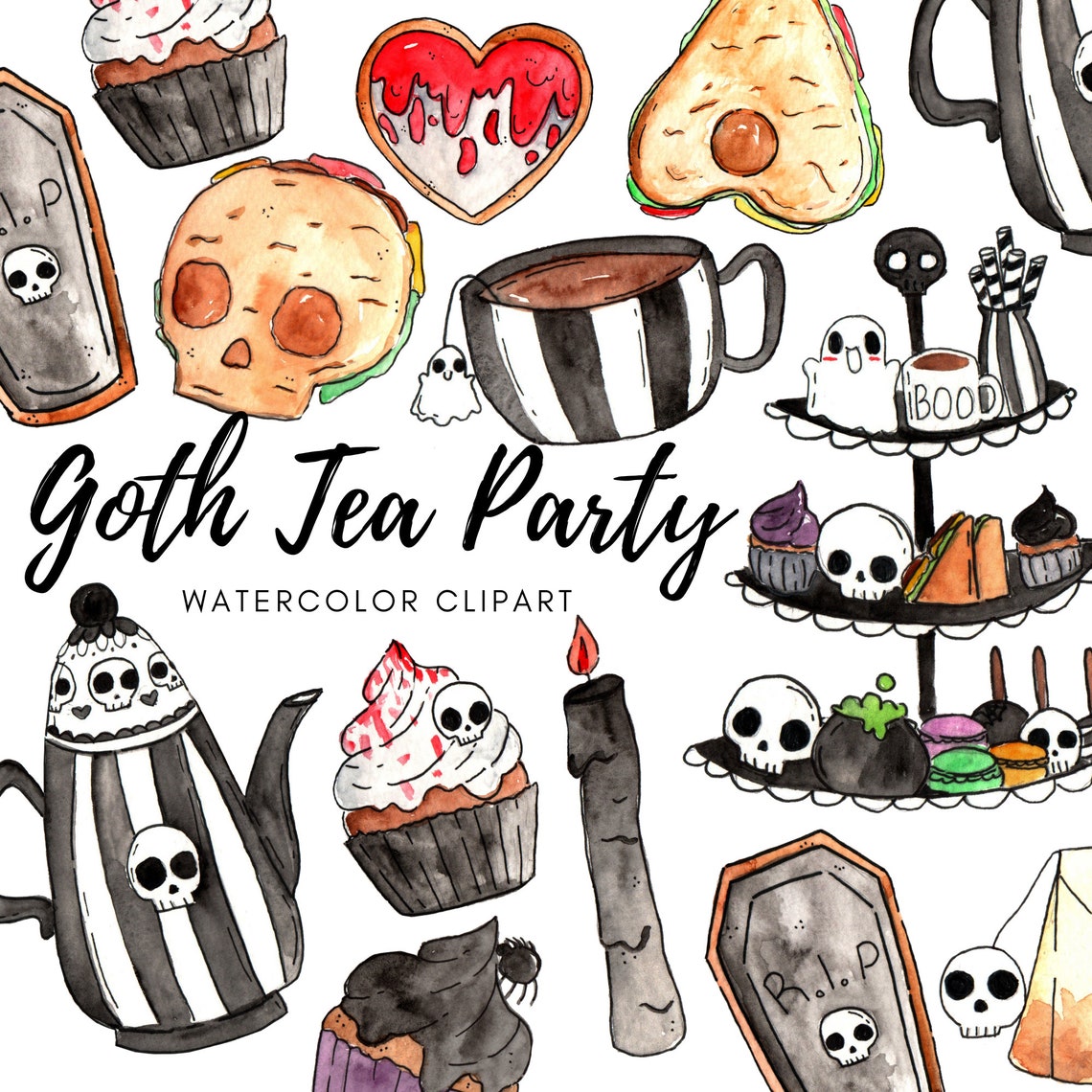 Watercolor Clipart Halloween Goth Tea Party Tea Cup Tea - Etsy