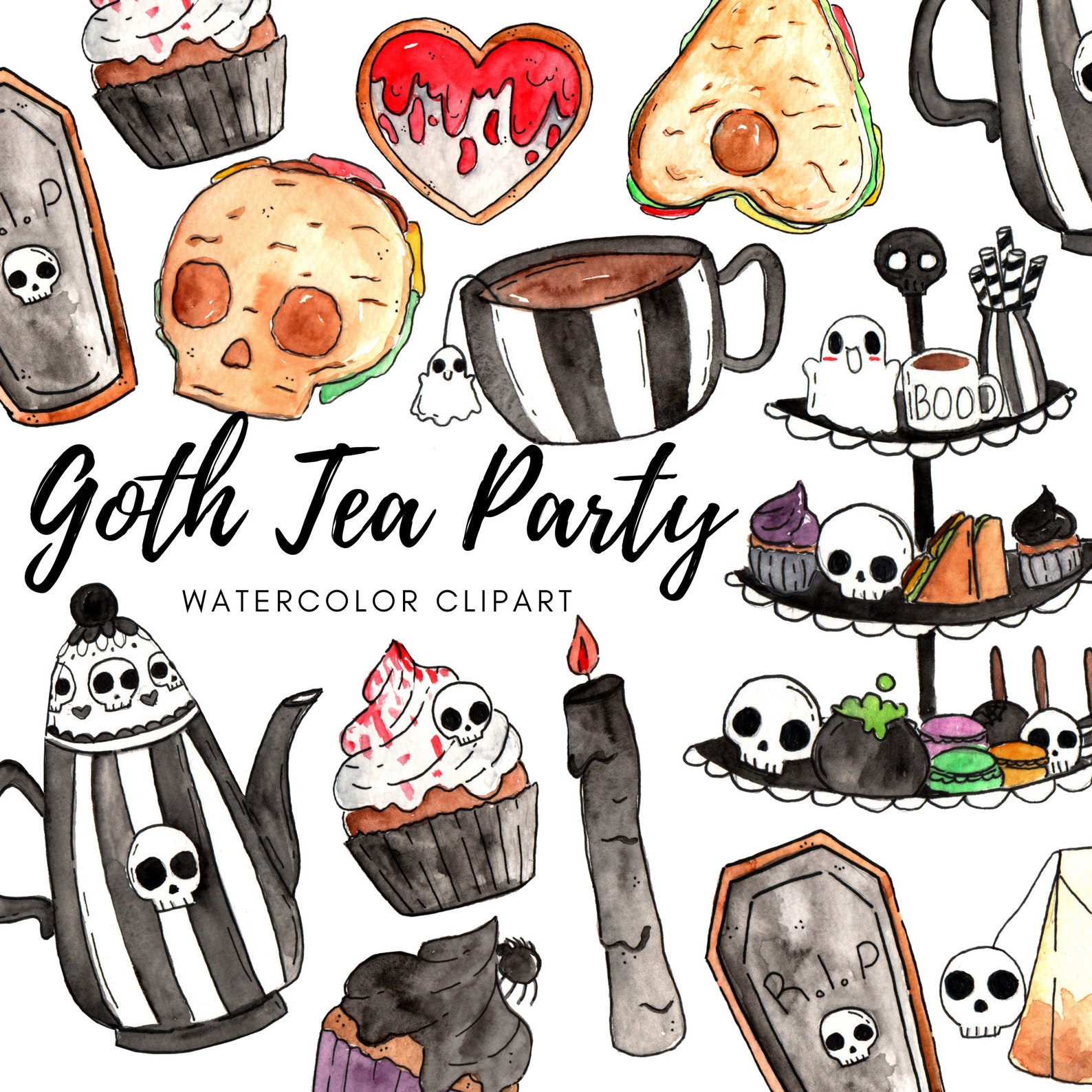 Watercolor Clipart Halloween Goth Tea Party Tea Cup Tea - Etsy