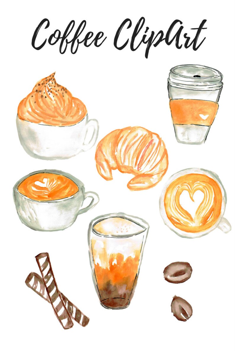 Watercolor Coffee Clip Art Cafe Latte barista commercial - Etsy