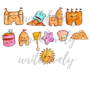 Kawaii Clipart, Watercolor, Beach, Sandcastle, Summer, Sand, Pail, Sun ...