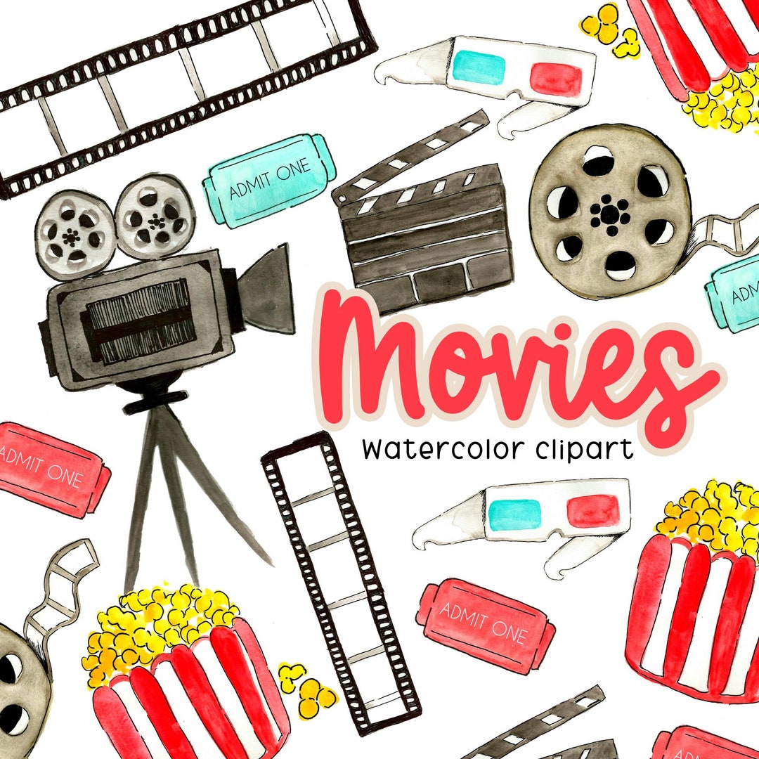Watercolor Movie Clipart, Cinema, Theaters, Popcorn Director Graphics ...