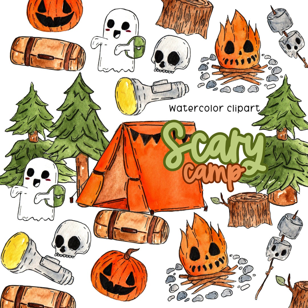Watercolor Halloween Clipart, Spooky Camp, Camping, Forest, Ghost ...