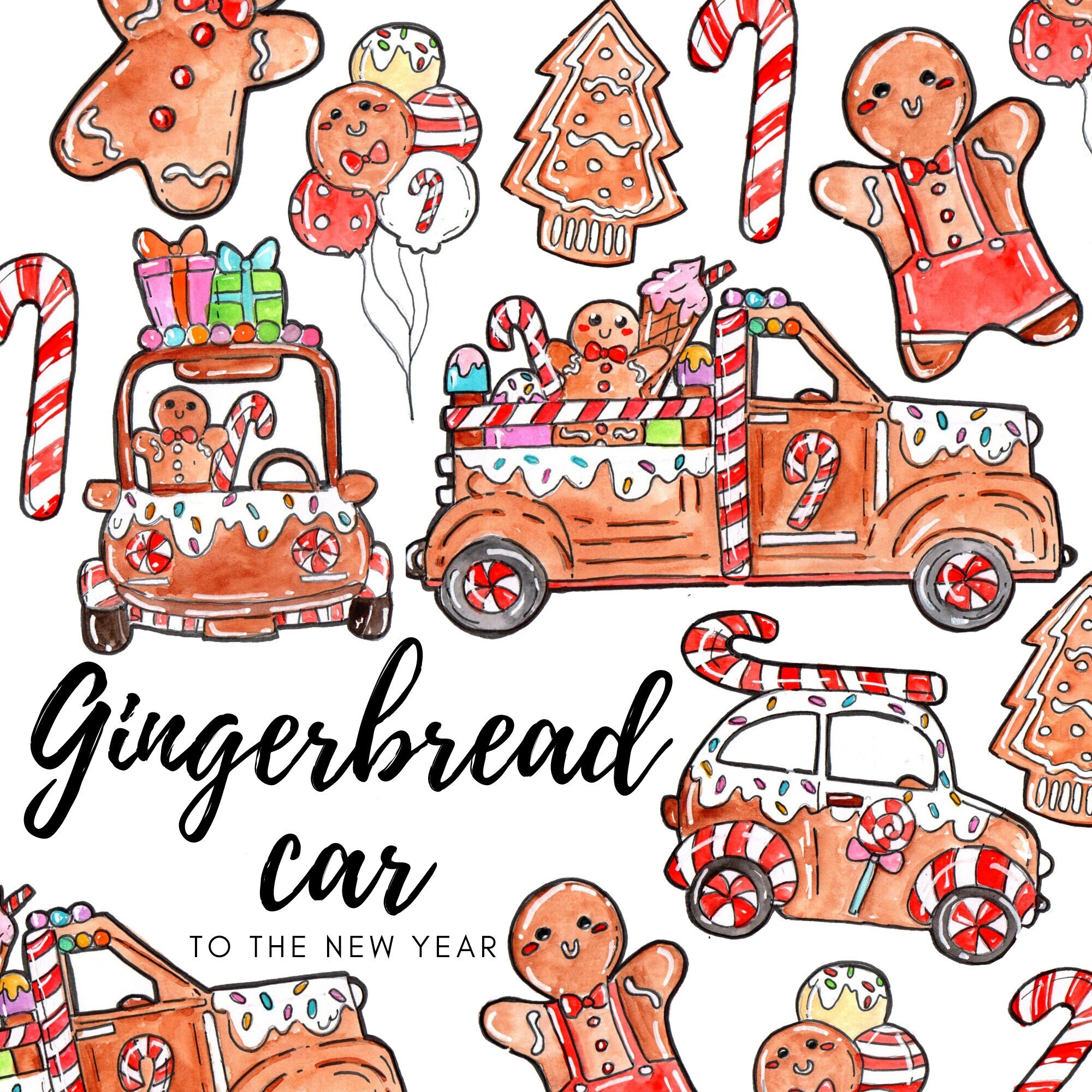 Watercolor Clipart Christmas Clipart Gingerbread Car - Etsy