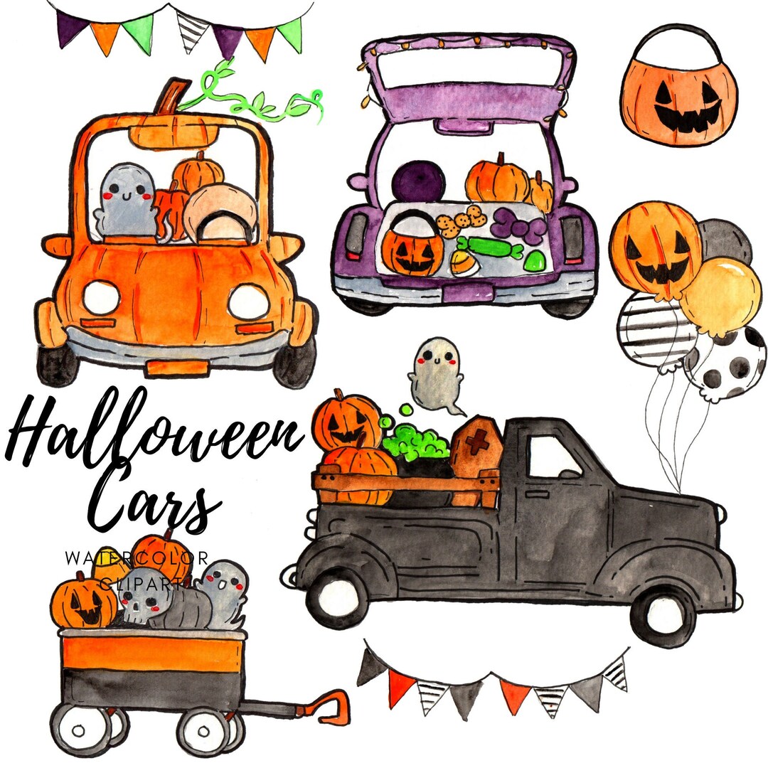 Halloween Clipart Watercolor Halloween Car Truck Spooky - Etsy