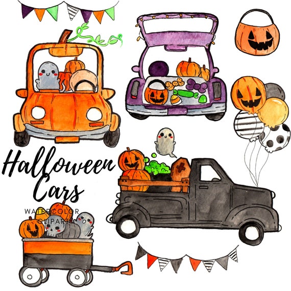 Halloween Clipart Watercolor Halloween Car Truck Spooky - Etsy